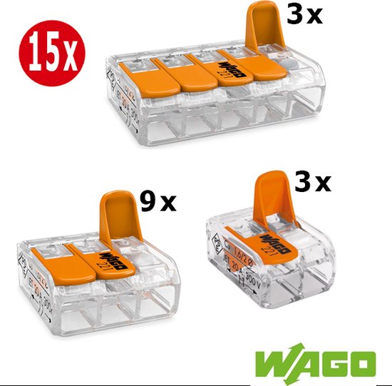 Wago lasklemmen assortiment serie 221 - 2, 3 en 5 voudig (15 stuks ...