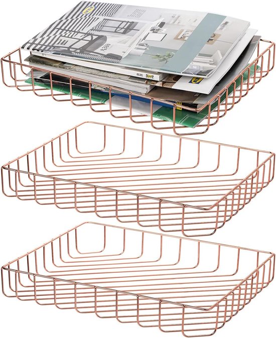 Wire File Tray - 3 Pack Rose Gold Paper Tray for Desk Office ...