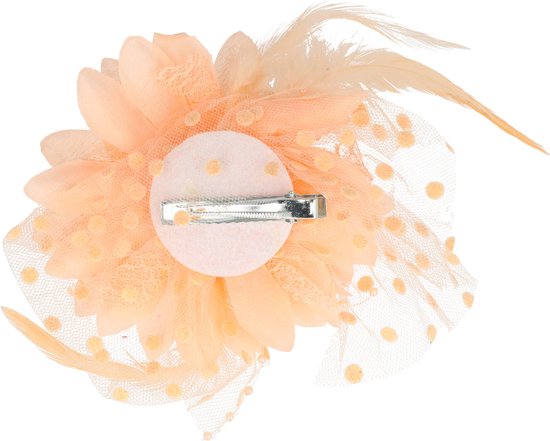 Haarbloem Duckklem XL Bloem 12cm Tule Kralen Veren Zalm Roze Haarklem ...