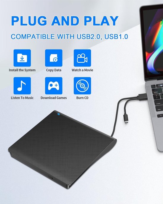 Extern CD- DVD-Station USB 3.0 en Type-C Draagbare Externe DVD Rom ...