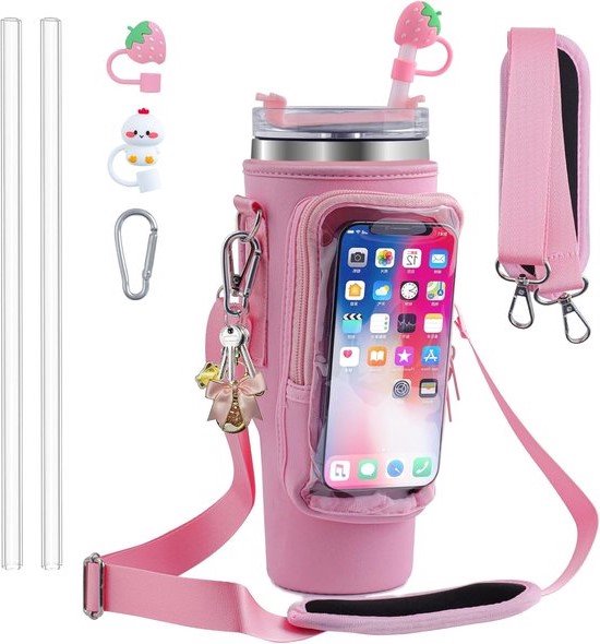 Stanley Cup houder - Waterfles tas met verstelbare riem - Roze | bol