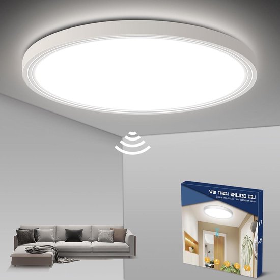 Badkamer lamp LED Plafondlamp Bewegingssensor 18W-IP44-4000K-Ronde... | bol