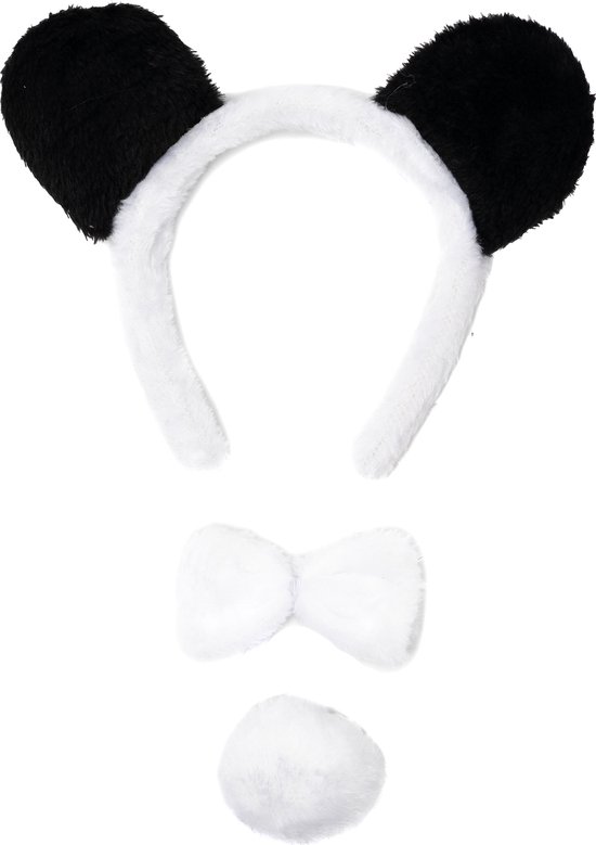 KIMU Panda Haarband Oren, Strik & Staart Diadeem Set - Zwart Wit Zacht ...
