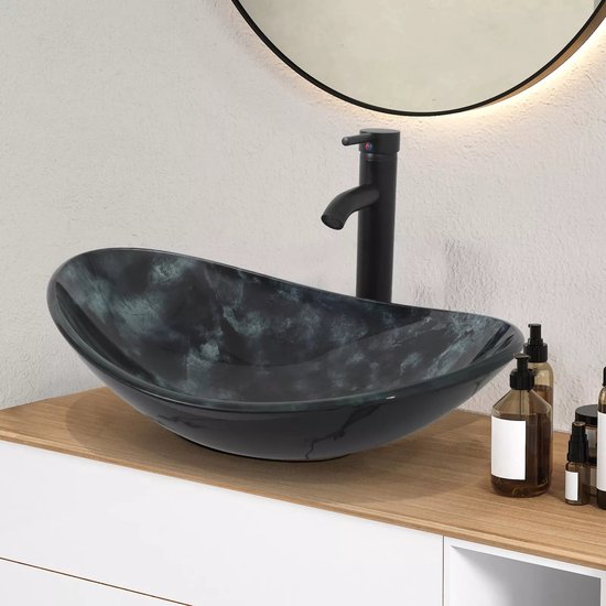 Glazen waskom opbouw met kraan ovaal Zwart Blauw Complete set met ...