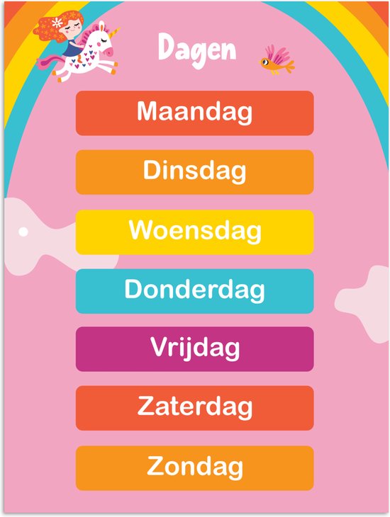 Poster 30x40 cm - Dagen van de week - Educatief - Leren voor kinderen - Roze - Posters... | bol