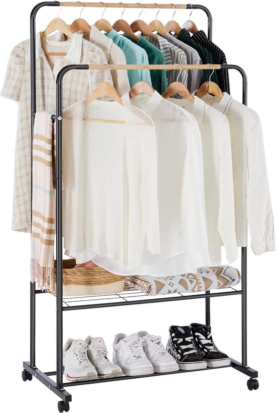 Kledingrek Op Wielen - Schoenen Rek Opslag - Dubbele Rails - Anti Slip ...