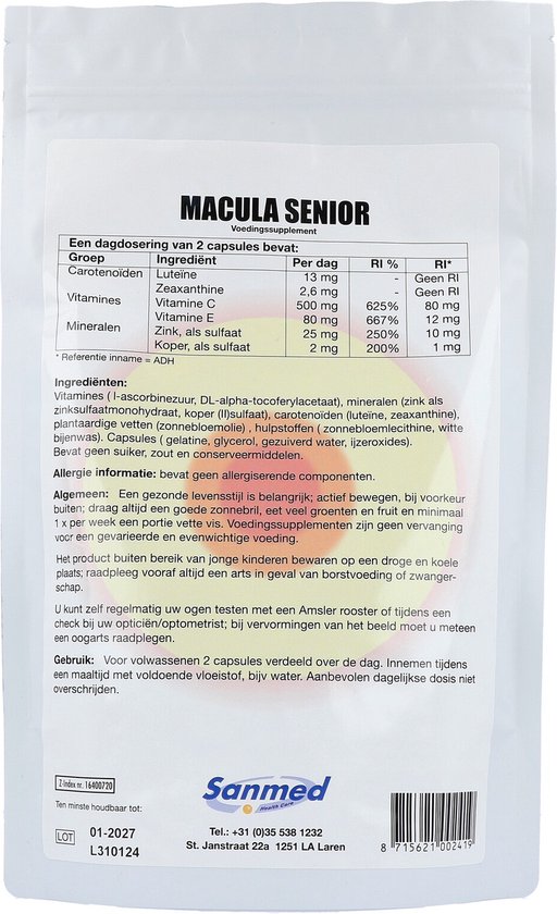 Sanmed Macula Senior Capsules - Goed voor het gezichtsvermogen - 360 ...