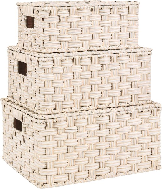 Set van 3 decoratieve opbergdozen met deksels - Wit rattan opbergmanden ...