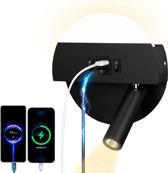 LED Leeslamp Wandlamp USB Type-C Dubbele Oplaadpoort Schakelaar ...