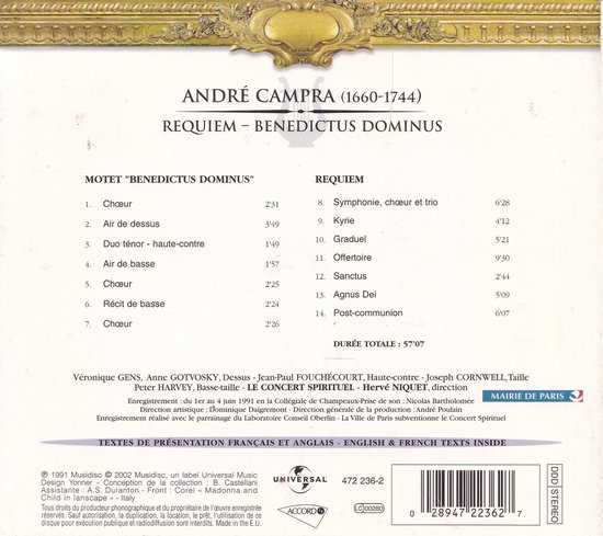 Requiem Benedictus Dominus, Andre Campra | Musique | bol