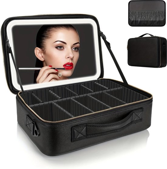 Extra Groot Beautycase met Spiegel en LED Licht - ZWART - Make Up ...