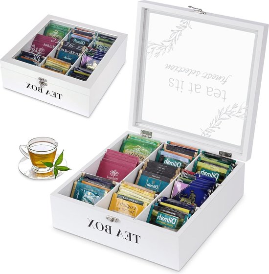 Witte houten theedoos met 9 compartimenten - theezakjes en suiker ...