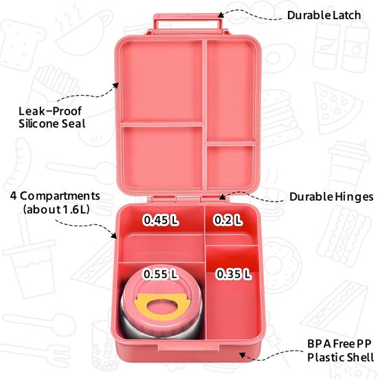 Lunch Box Divided 4 Compartments Hot Cold Foods Spoon- Kids Bento Box ...