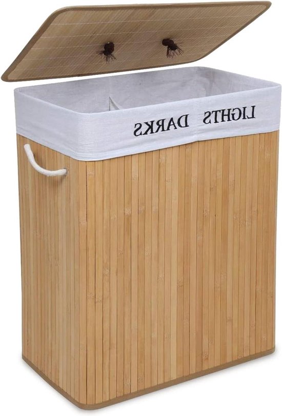 Opvouwbare Bamboe Wasmand met Deksel en 2 Secties - 100L | bol
