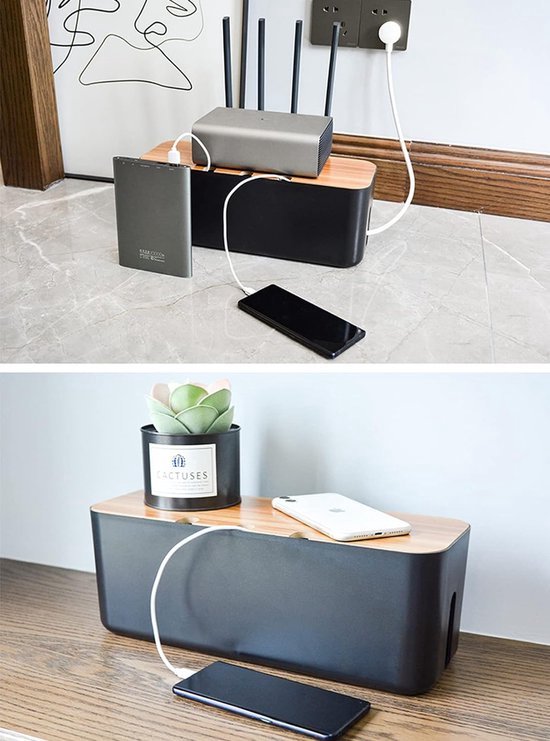 Set van 2 kabelbox, zwart, grote kabelorganizerbox met houten deksel ...