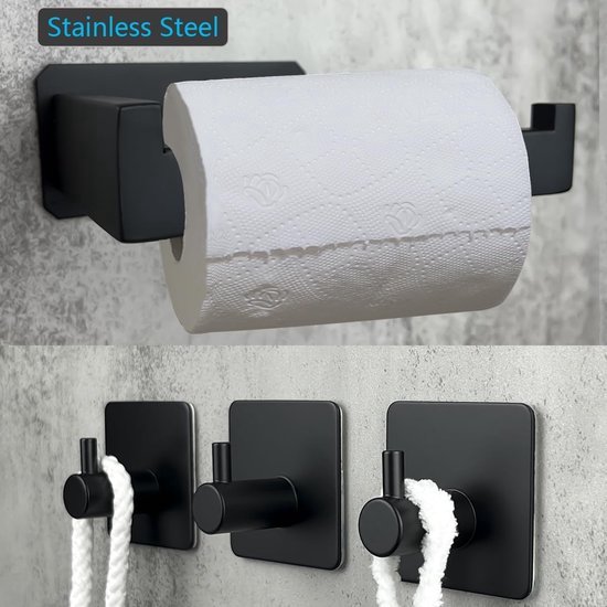 Zwarte toiletpapierhouder zonder boren, roestvrij staal, zelfklevende ...