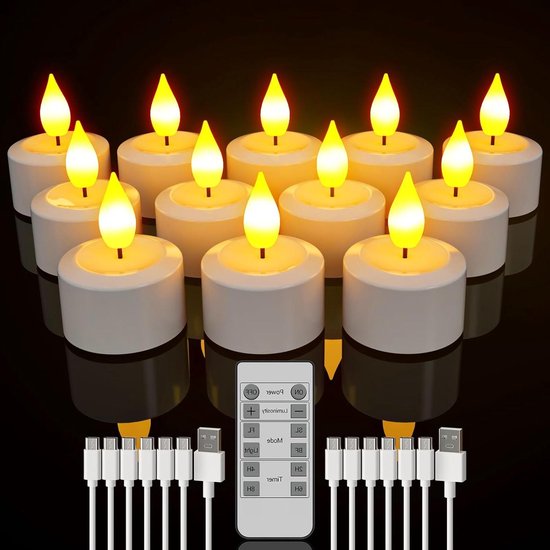 Led Kaarsen met Bewegende Vlam Oplaadbare Theelichtjes 12 Stuks USB ...