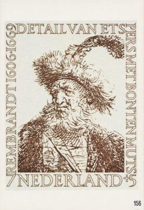 Briefkaart met afbeelding Pers met bonte muts - Ets van rembrandt ...