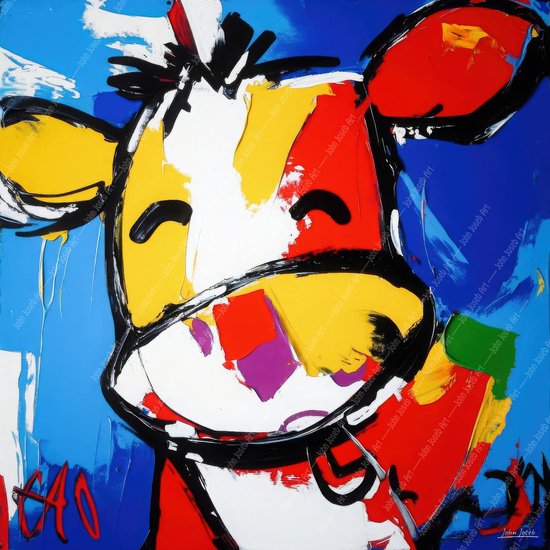 JJ-Art (Canvas) 100x100 | Grappige koe, Herman Brood stijl, abstract ...