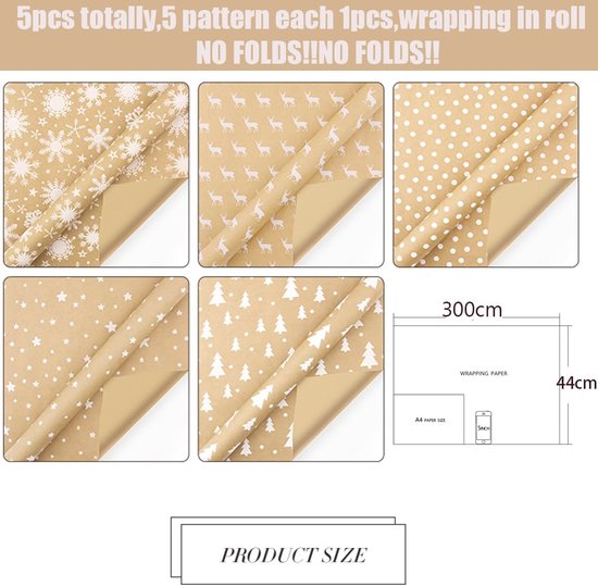 Kerstpapier Rollen 44 cm x 3 m - Bruin Kraftpapier met Sneeuwvlokken en ...