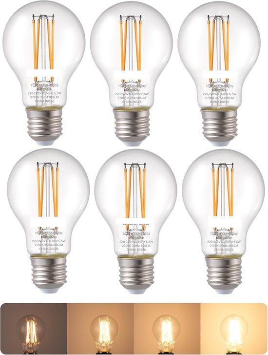 E27 LED warm wit gloeilamp, dimbaar 806LM, A60 LED-filament, Edison-fitting E27, 6,5 W... | bol
