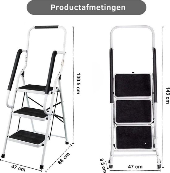Huishoudtrap met 3 treden - Trapladder met 3 grote stap - Vouwladder ...