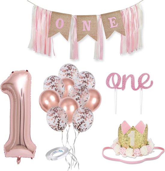 Feestpakket Baby 1 Jaar - Kleur: Roze - Baby Verjaardagversiering ...