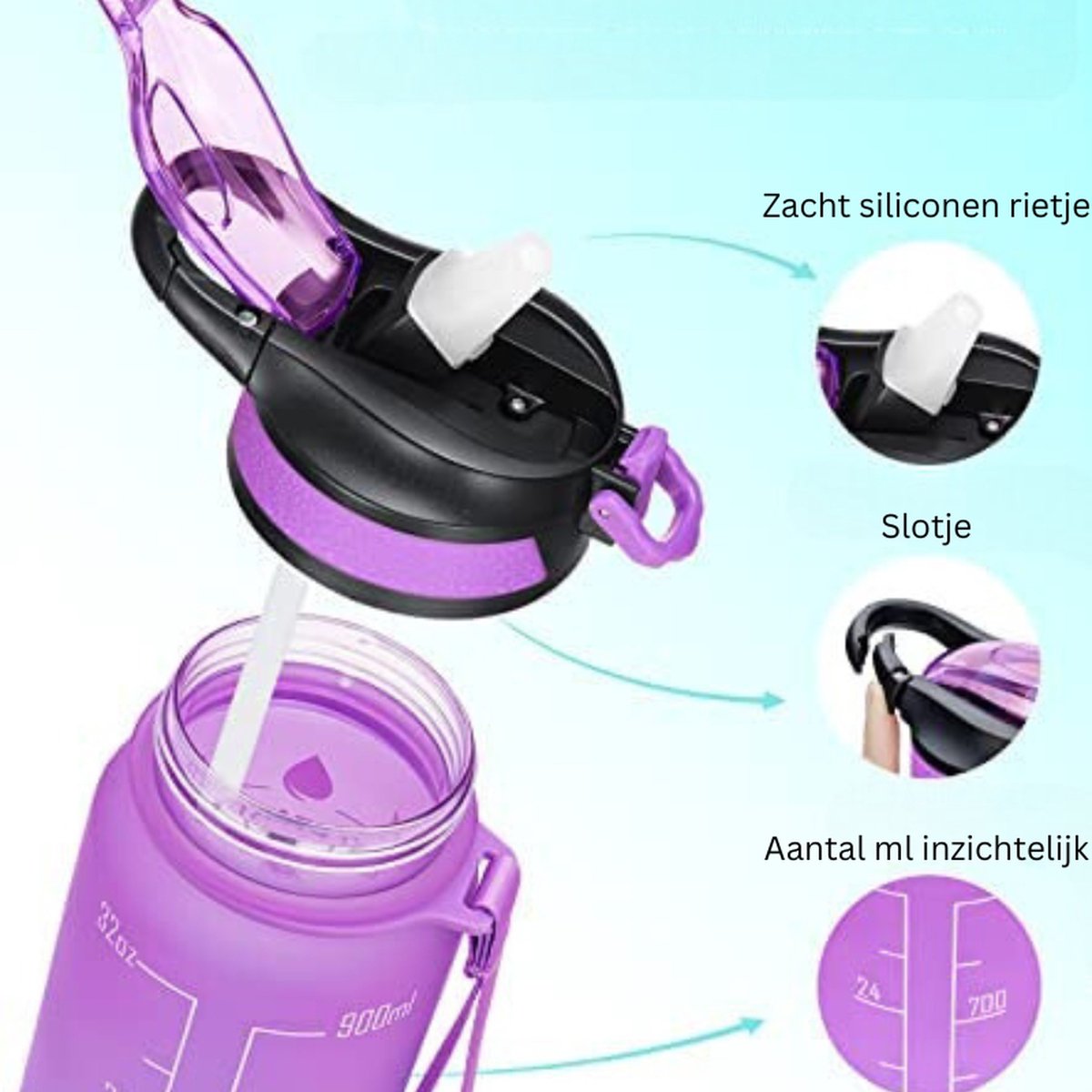 Drinkfles - Waterfles met rietje - Waterfles 1 liter - 1 Liter ...