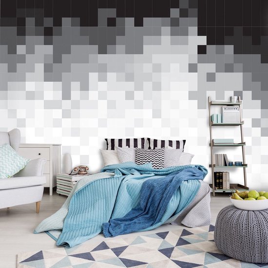 Fotobehang - Vlies Behang - Abstracte Pixels zwart-wit - 416 x 254 cm | bol