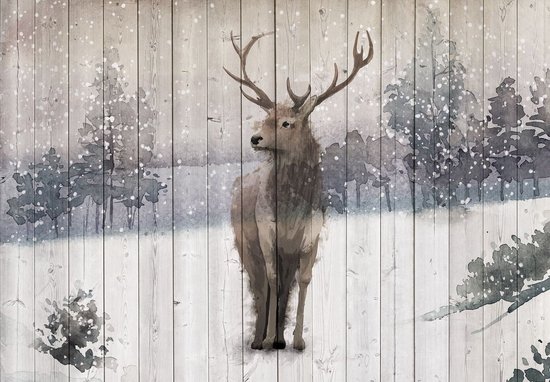 Fotobehang - Vlies Behang - Hert op Houten Planken - 416 x 290 cm | bol