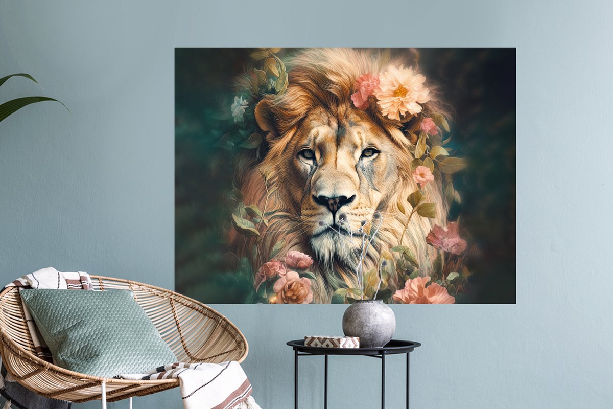 Muurstickers - Sticker Folie - Leeuw - Leeuwenkop - Wilde dieren - Bloemen - 80x60 cm... | bol.com