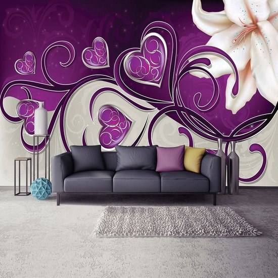 Fotobehang - Vlies Behang - Bloem, Hartjes en Paars Patroon - 368 x 254 ...