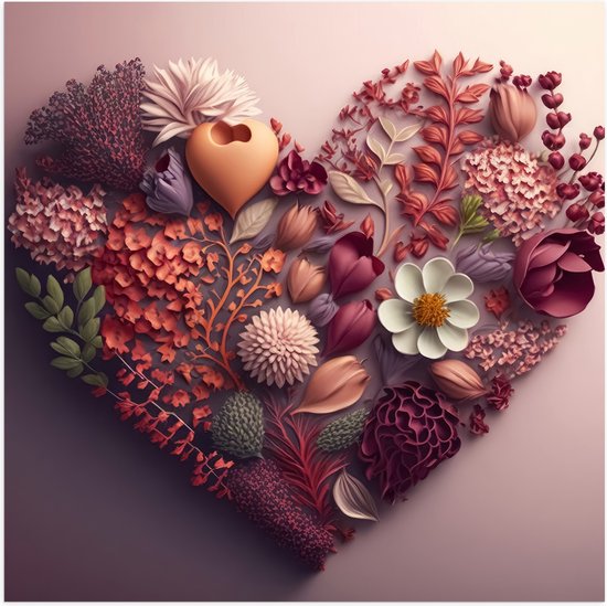Poster (Mat) - Hart van Verschillende Kleuren en Soorten Bloemen op ...