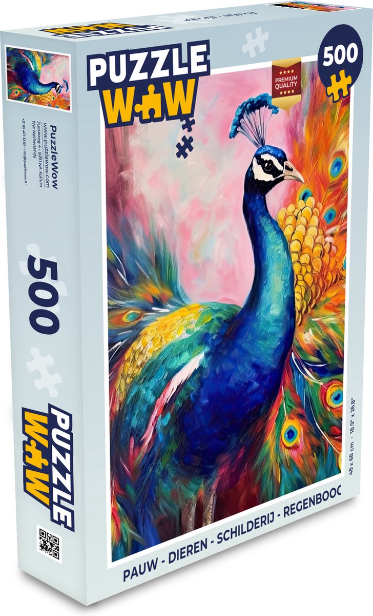 Puzzel Pauw - Dieren - Schilderij - Regenboog - Legpuzzel - Puzzel 500 ...
