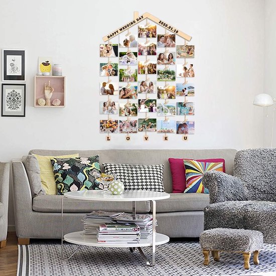 opknoping fotodisplay, fotolijst houten muur foto display bord met touw ...
