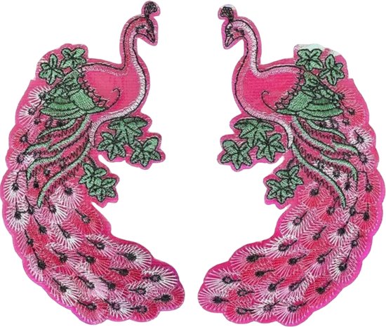 Patch - Strijkembleem - Pauwen - links en rechts - 15 x 8 cm - Roze | bol