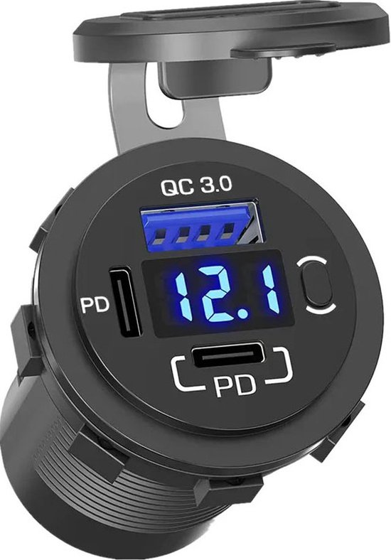 USB/USB-C stopcontact QC3.0 met Volt meter + Aan-Uit Schakelaar - 12 ...