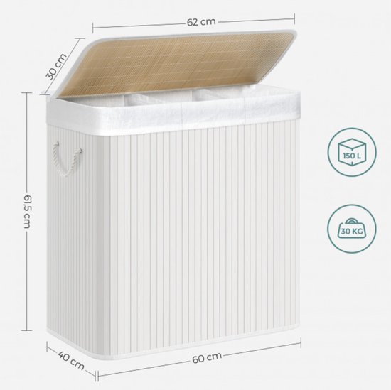 150 liter wasmand, wasmand met deksel, wassorteerder, van bamboe, met ...