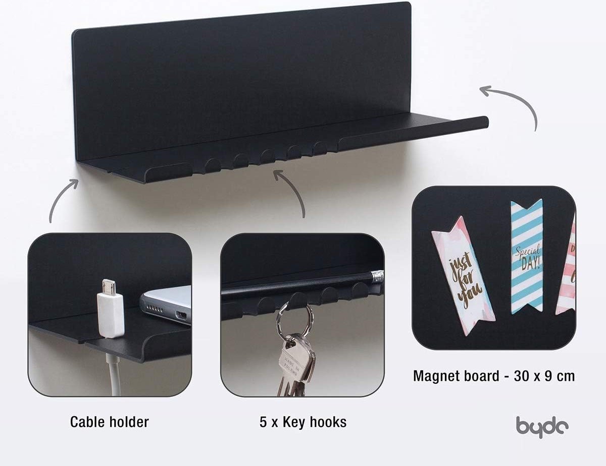 Helke wandplank 30 x 9 x 9 cm 5 haken en kabelhouder. Hangplank van ...