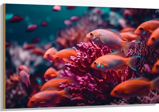 Hout - Groep oranje vissen zwemmen door een roze koraal heen - 120x80 ...