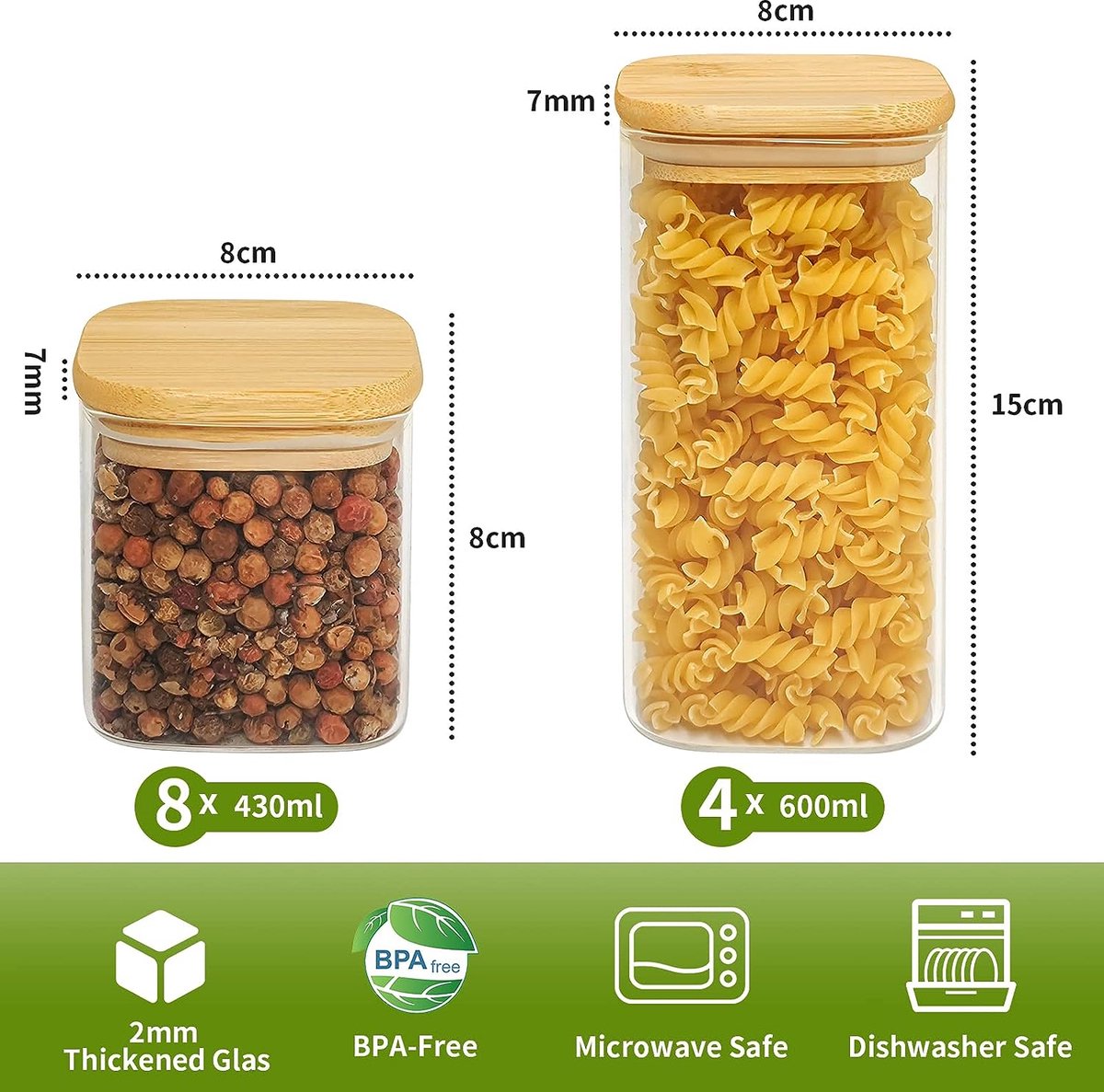 Voorraadpotten Glas 12-delige, 430ml/600ml Voorraadpotten Glazen Pot met Bamboedeksel,... | bol