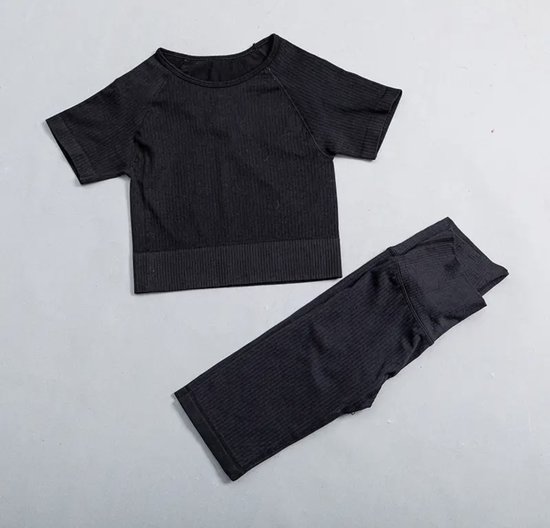 Gymset - LIGHT RIBBED SHORT SET - Maat M - Zwart - 2delig - Fitness set ...