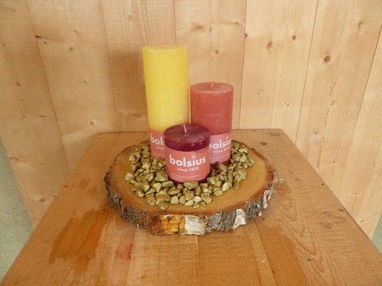 Kaarsen set Bolsius 3 stuk geel, oranje en rood met gouden steentjes | bol