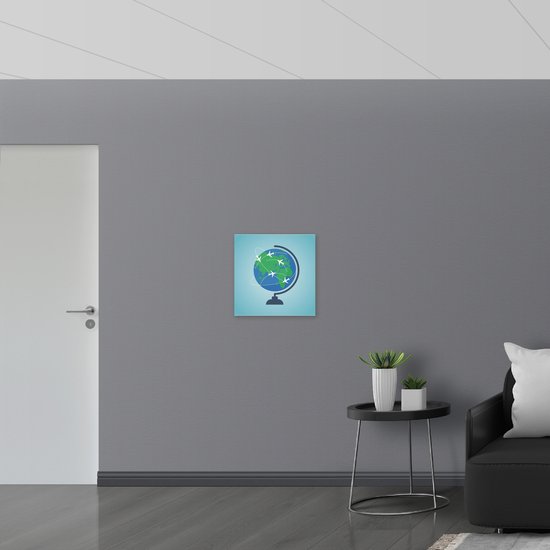 Hout - Getekende Wereldbol met Vliegroutes - 50x50 cm - 9 mm dik - Foto ...