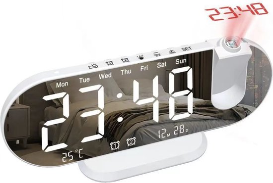 FENGFUN Projectiewekker met spiegel en laadfunctie Wit – Projectieklok ...