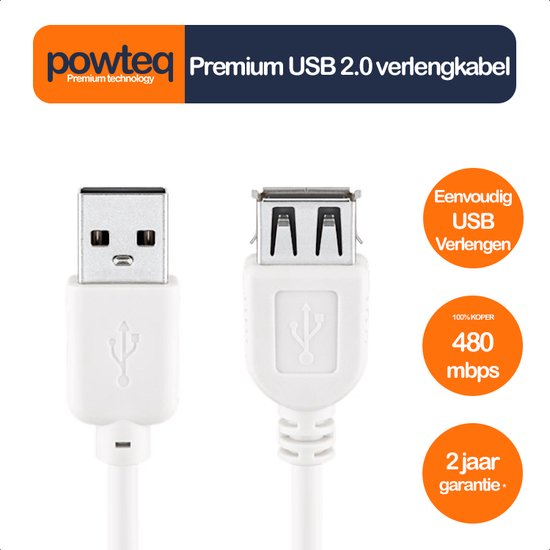 Powteq - 5 meter premium USB 2.0 verlengkabel - USB A male naar USB A female - Wit | bol