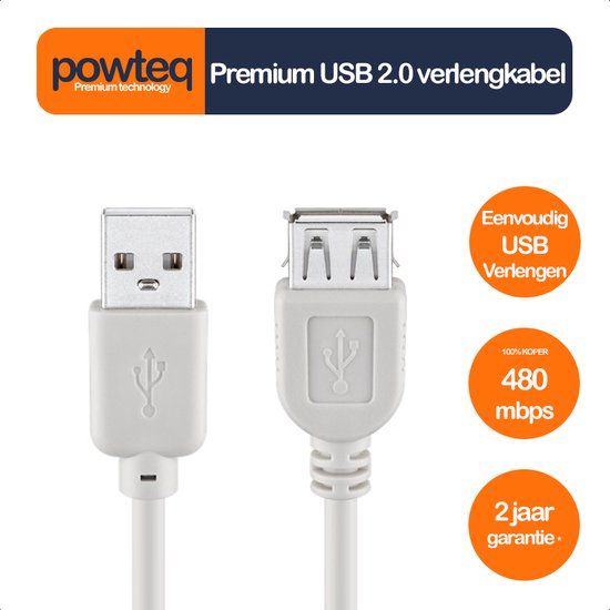 Powteq - 60 cm premium USB 2.0 verlengkabel - USB A male naar USB A female - Grijs | bol