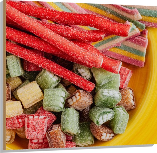 Hout - Snoep in Geel Bakje - 100x100 cm - 9 mm dik - Foto op Hout (Met ...