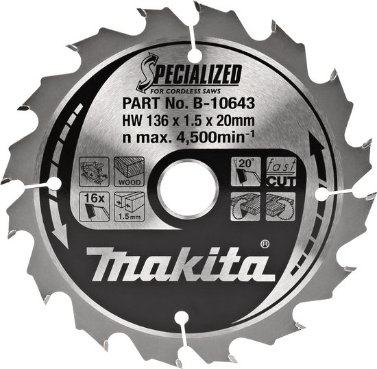 Makita B-10643 Specialized Cirkelzaagblad - 136 x 20 x 16T - Hout | bol Makita B-10643 Specialized Cirkelzaagblad - 136 x 20 x 16T - Hout | bol