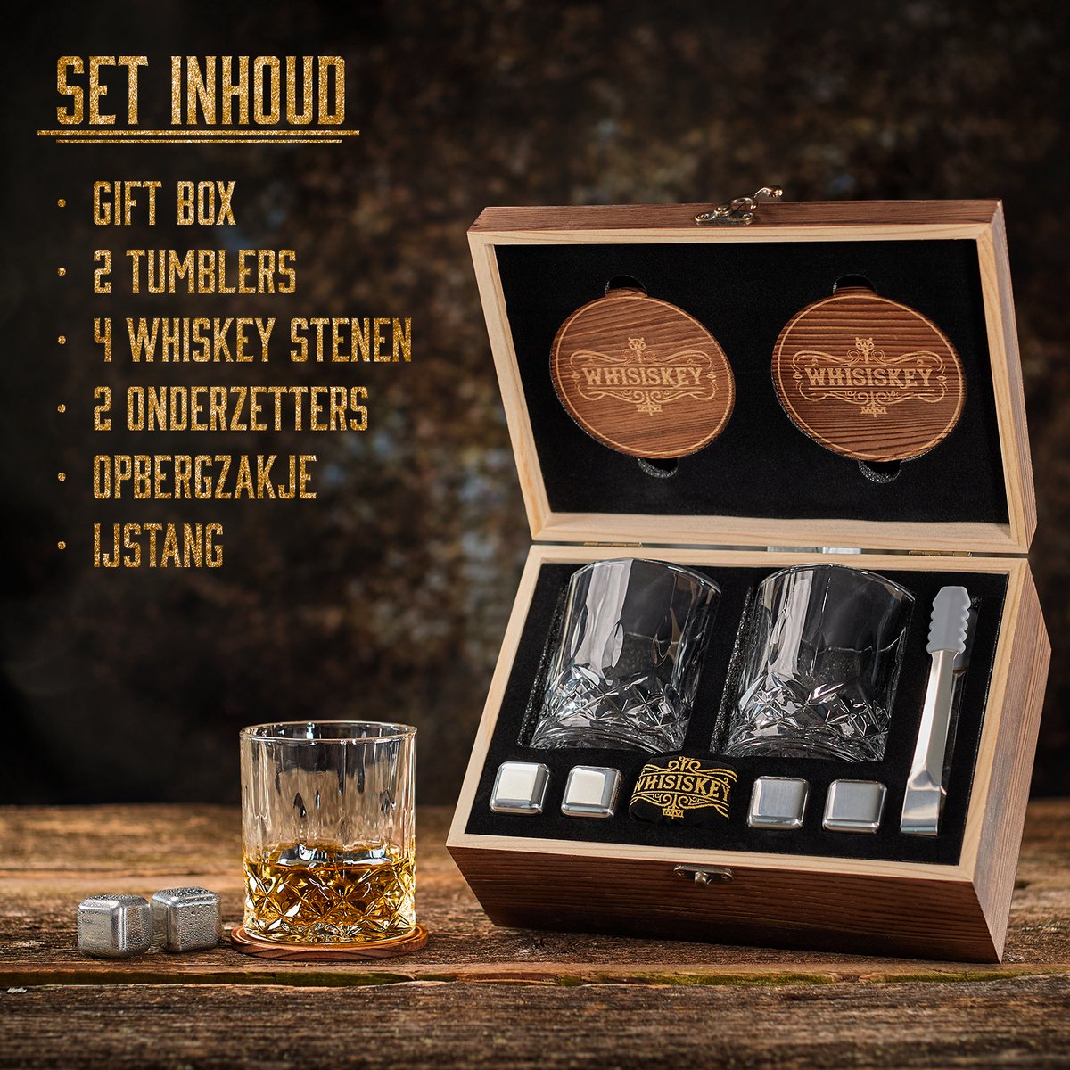 Whisiskey Luxe Whiskey Set - Incl. 2 Whiskey Glazen, 4 RVS Whiskey ...